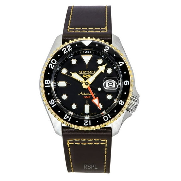 Seiko 5 Sports GMT Field Series Leather Strap Black Dial Automatic ...