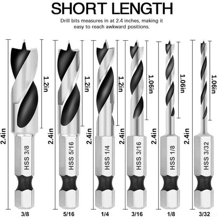 1/4-Inch Quick Change Hex Shank Brad Point Stubby Drill Bit Set for ...