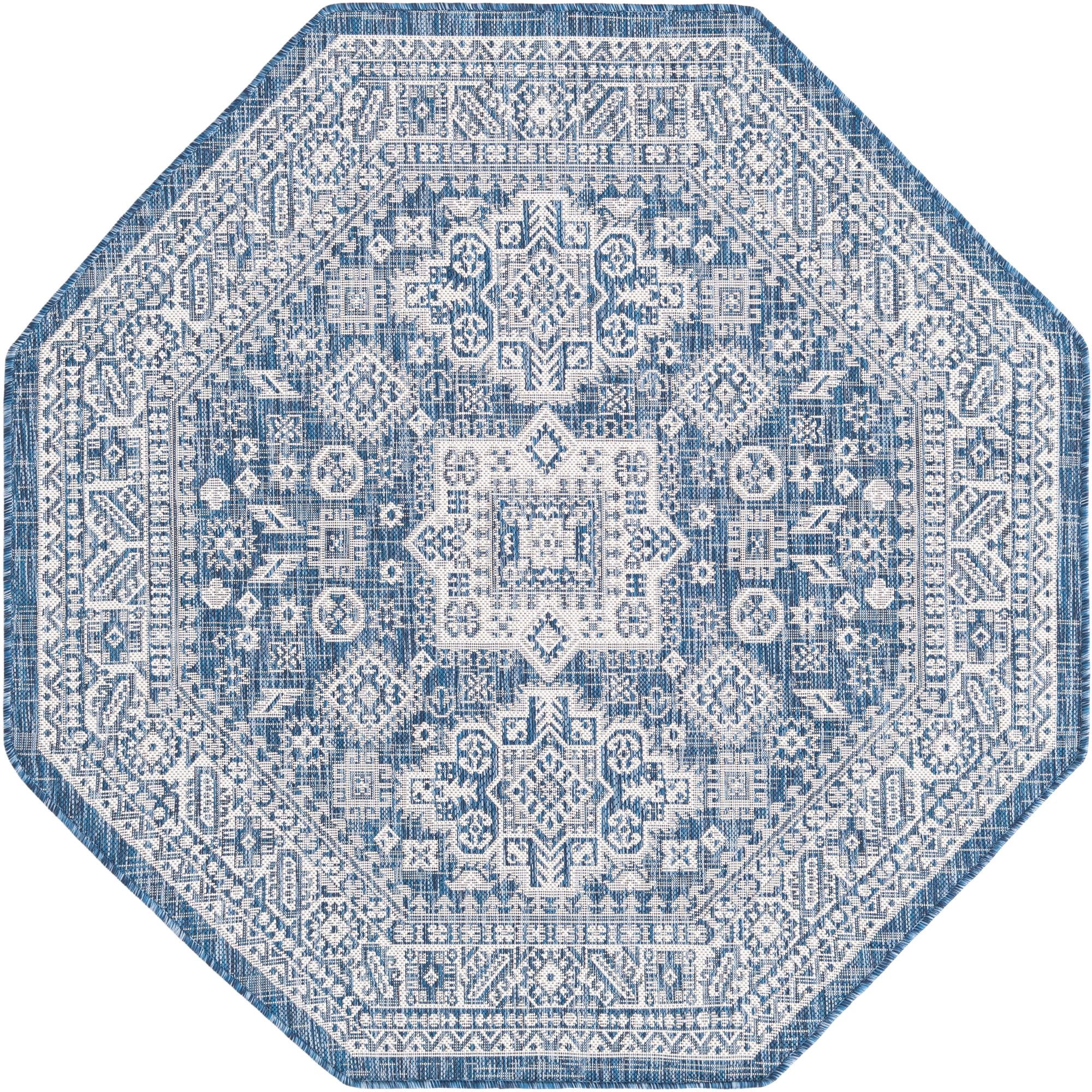 Rugs.com Outdoor Aztec Collection Rug – 5 Ft Octagon Blue Flatweave Rug ...