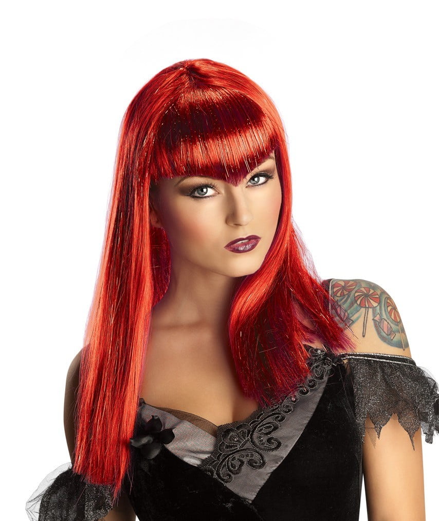 Red Glitter Vamp Wig Long Bangs Women Adult Costume Accessory Vampiress ...