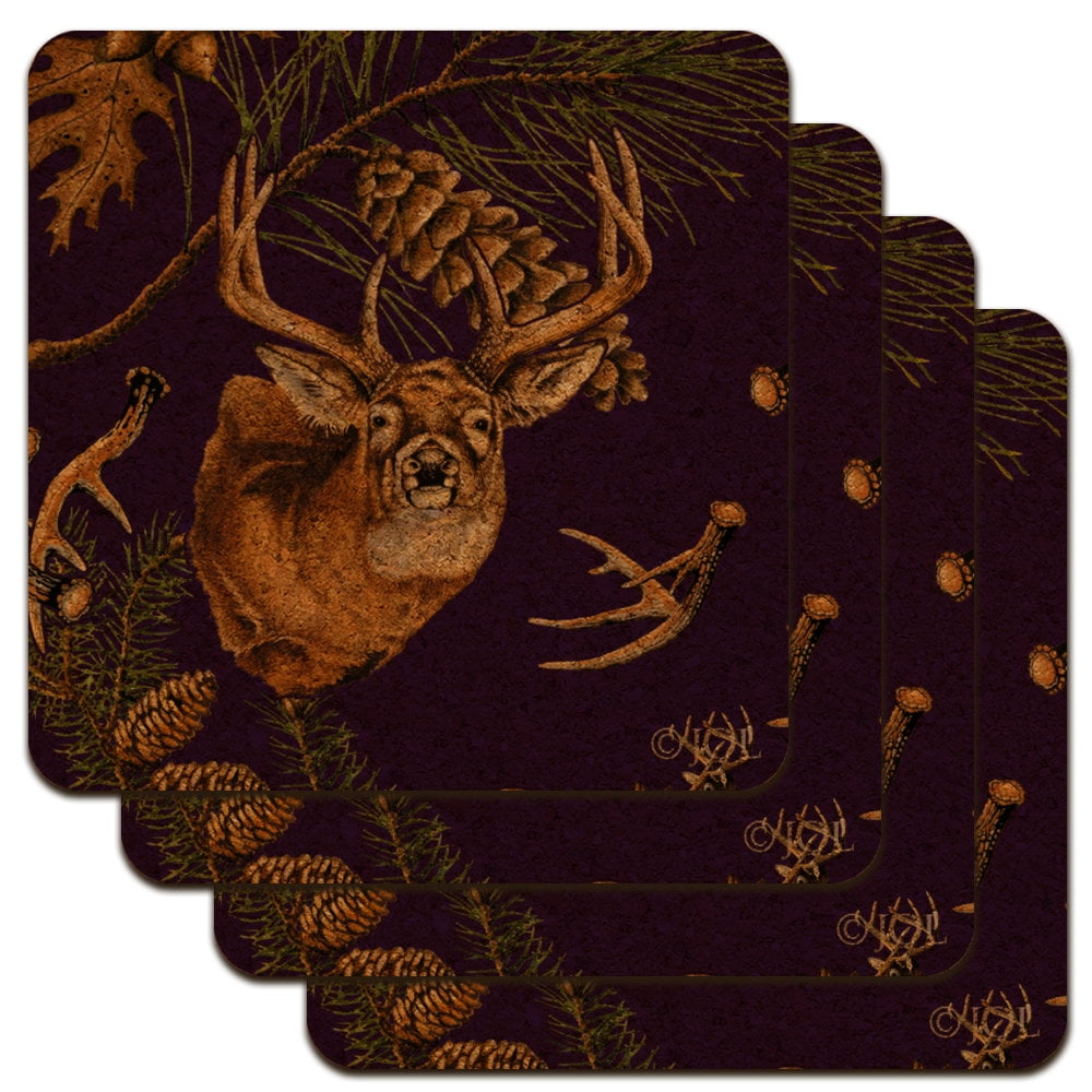 Deer Antlers Pine Tree Cones Hunting Low Profile Novelty Cork Coaster ...