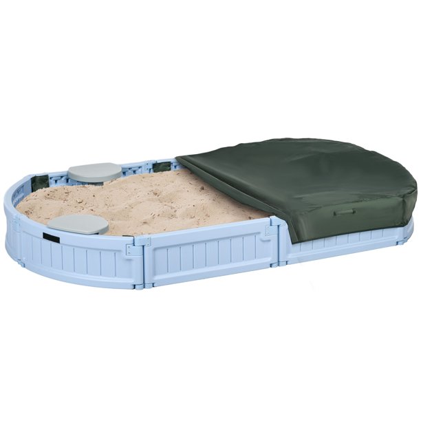 Outsunny Kids Sandbox w/ Cover, Seat, Sandbox Outdoor, Backyard, Light ...