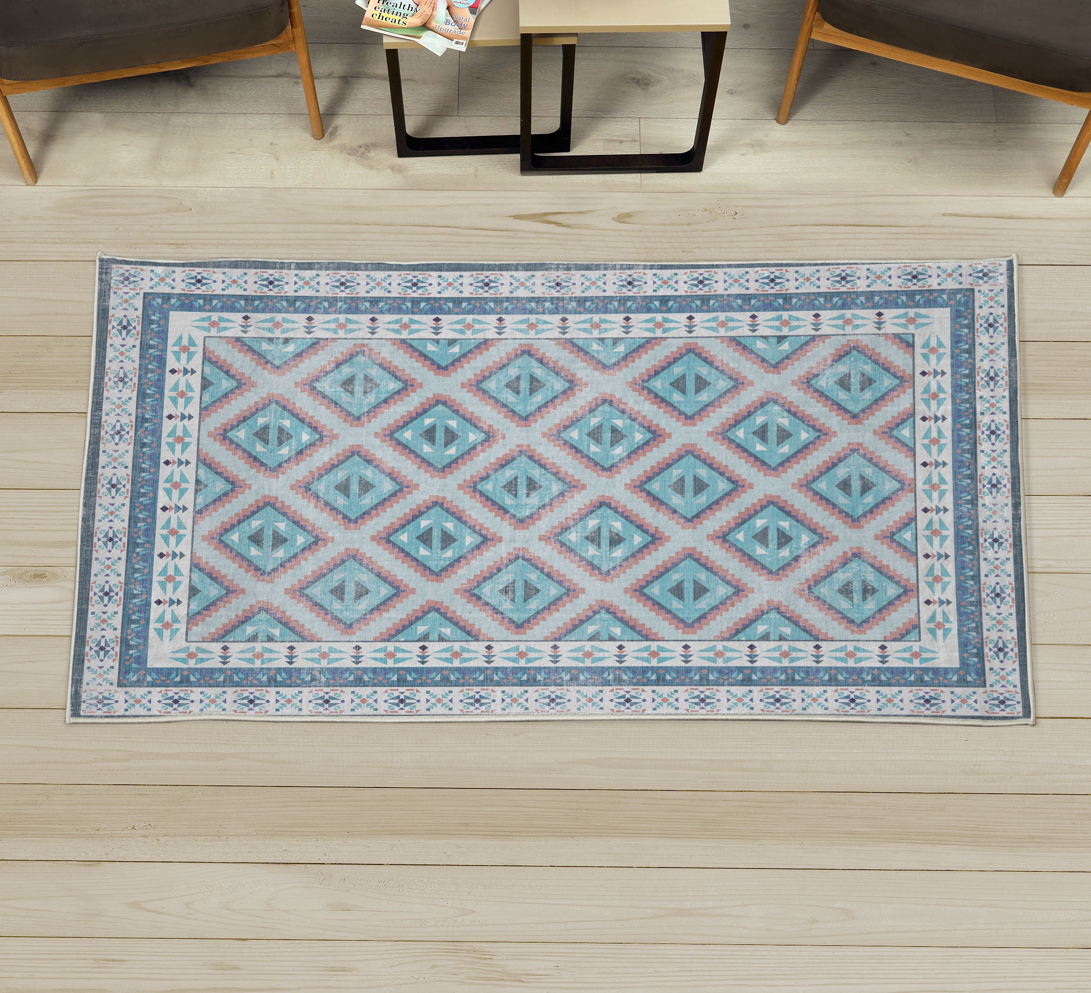 Geometric Decorative Rug, Ethnic Rustic Zigzagged Squares Folkloric ...