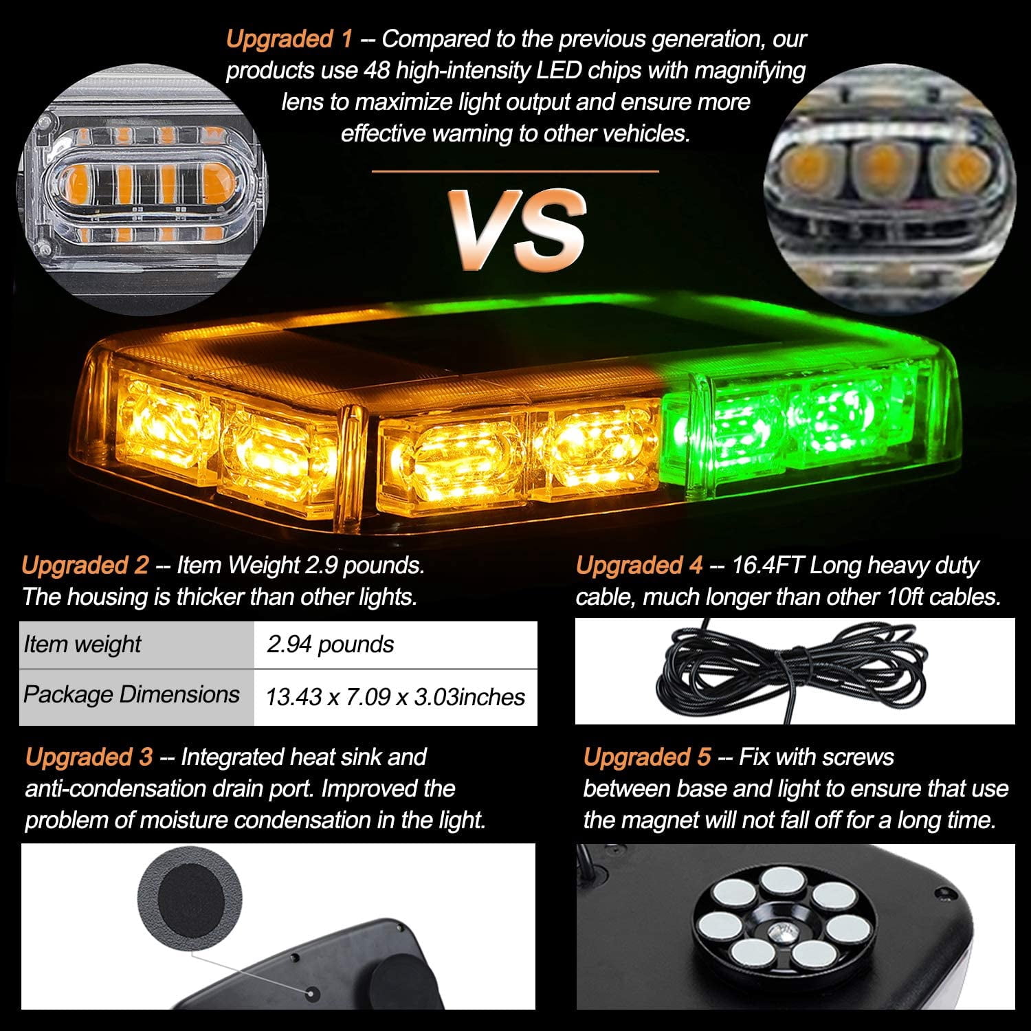 Emergency Lights For Vehicles 12" LED Bar - 48 Super Bright LEDs, 16 ...