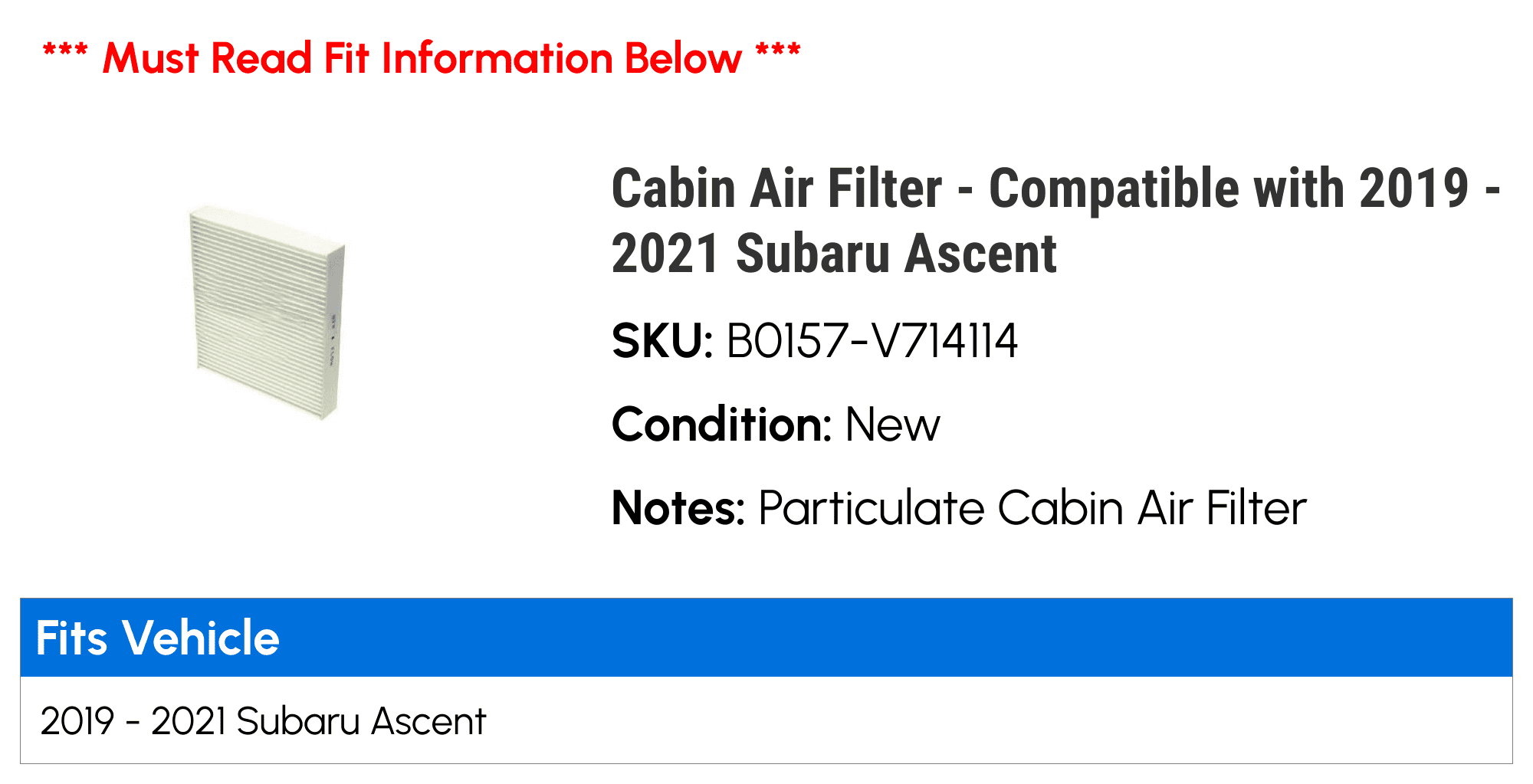 Cabin Air Filter Compatible with 2019 2021 Subaru Ascent 2020