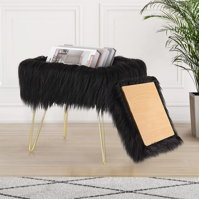 SHMAMT Vanity Stool Faux Fur Ottoman Cute Rectangle Faux Fur Chair with ...