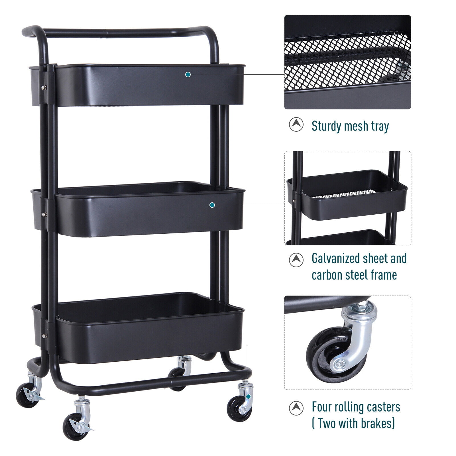 3-Tier Rolling Cart All Purpose Utility Cart Storage Cart Trolley on ...