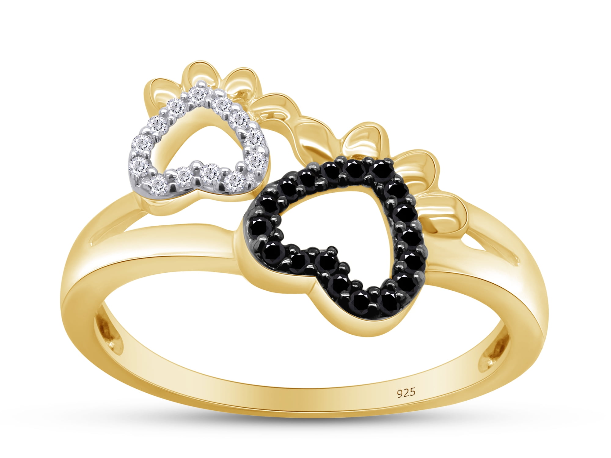 Black &White Natural Diamond Paw Print Ring In 14k Yellow Gold Over ...