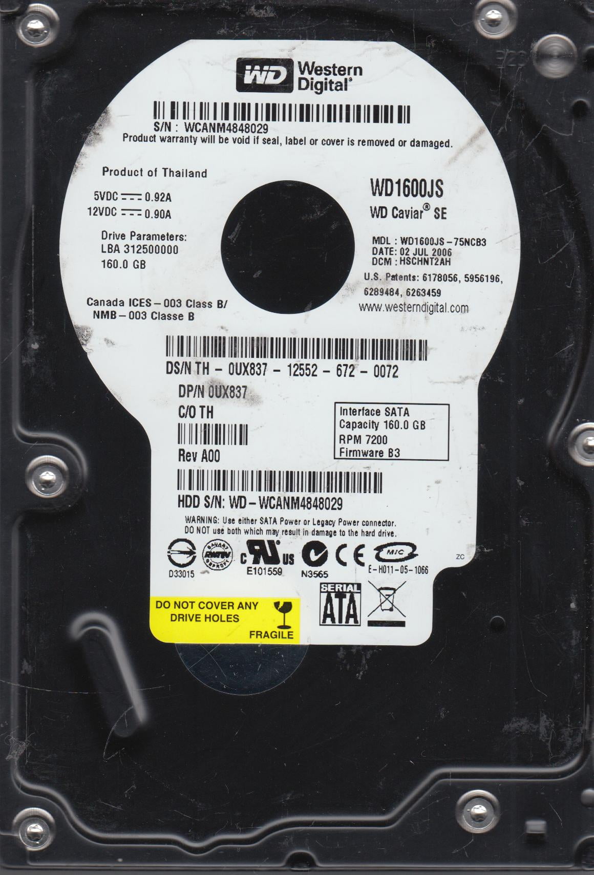 WD1600JS-75NCB3, DCM HSCHNT2AH, Western Digital 160GB SATA 3.5 Hard ...