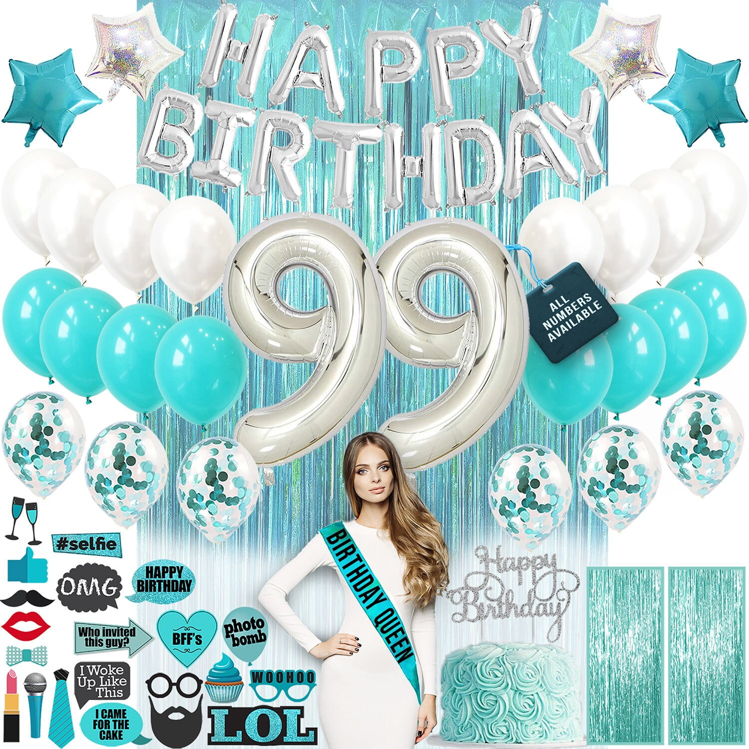 99th Birthday Decorations, 99th Birthday Party Supplies, 99th Birthday Banner Teal Green ...