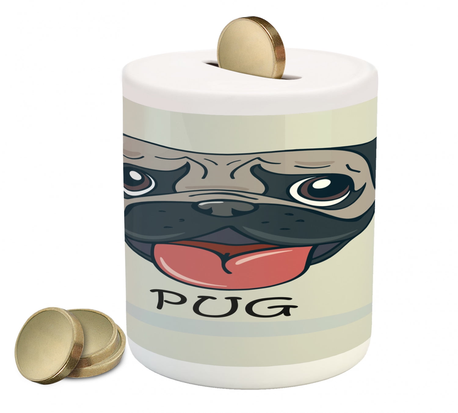 Pug Piggy Bank, Cartoon Pug Dog Caricature with Its Tongue out Happy ...