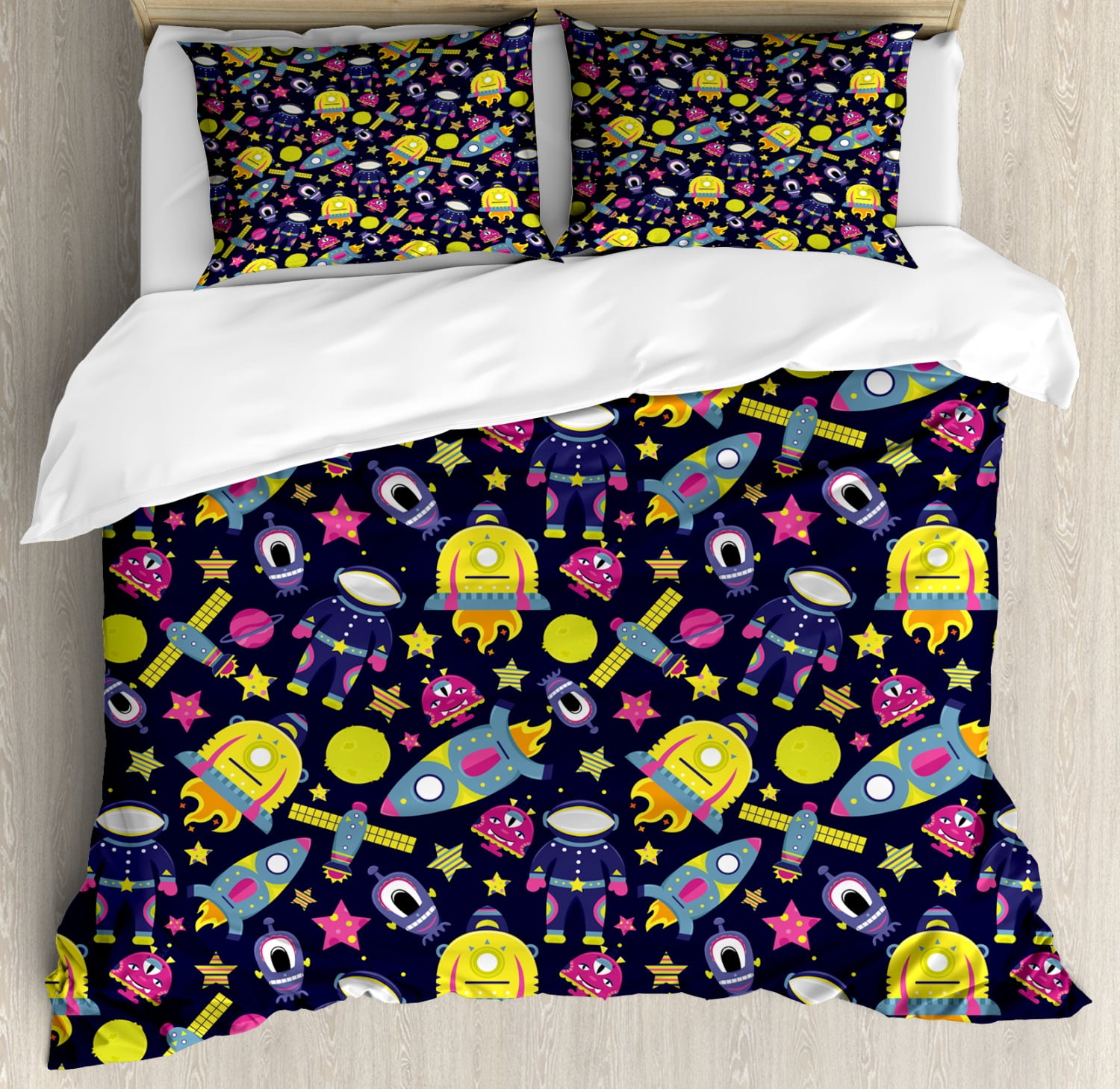 Alien Duvet Cover Set Queen Size, Vibrant Concept of Spaceships Planets ...