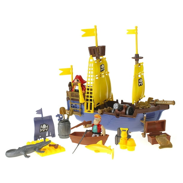 Toy Pirate Ship Playset w/ Ship, Pirates, Cannons, Treasure, Weapons ...