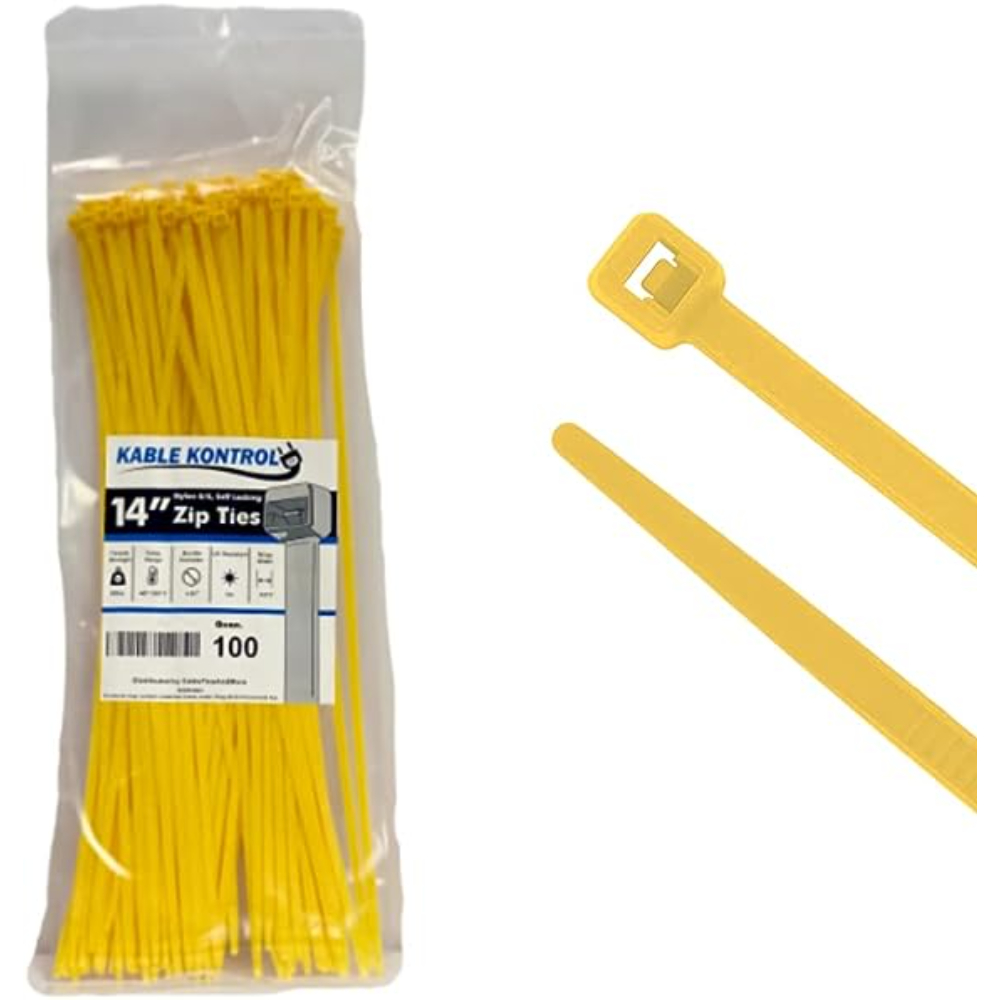 Kable Kontrol Zip Ties - 14" Long - 100 Pc Pk - Yellow color - Nylon - 50 Lbs Tensile Strength ...