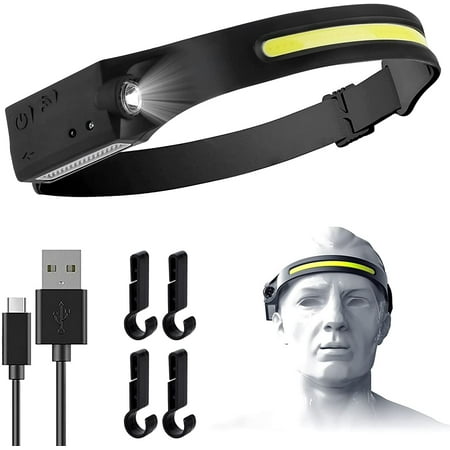 Headlamp Rechargeable Band Wide-Beam 230°Angle Super Bright Strip COB ...