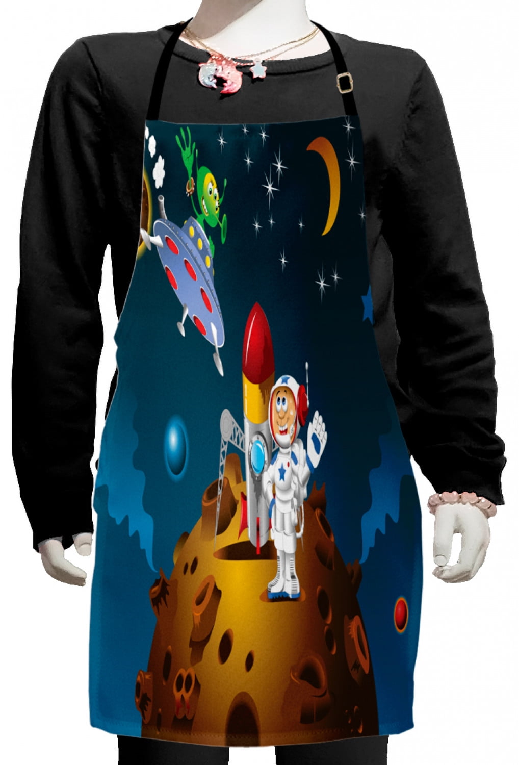 Cartoon Kids Apron, Human and Alien Friendship Hanging on Pluto Stars ...