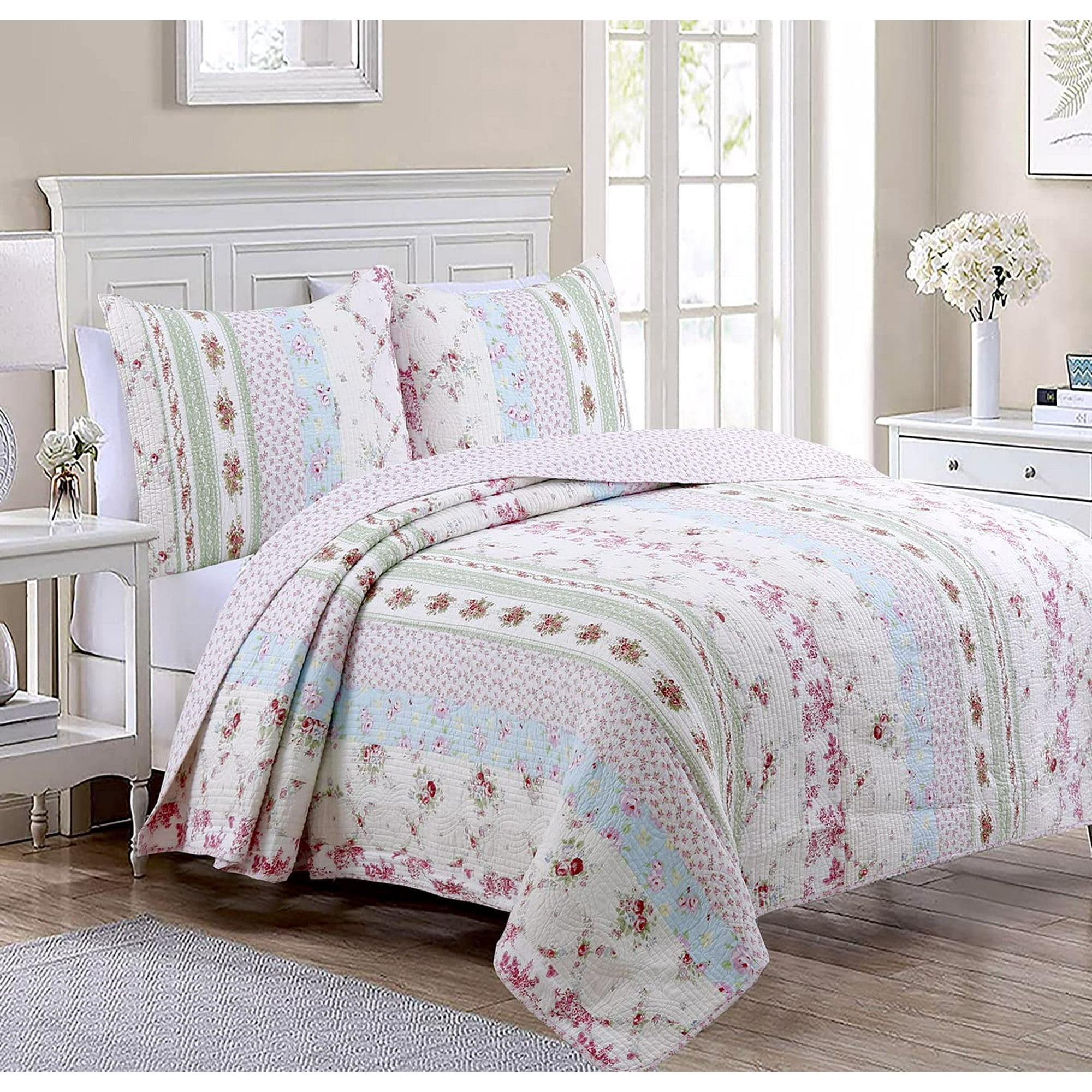 Cozy Line Home Fashions Wild Rose Floral Striped Reversible Quilt