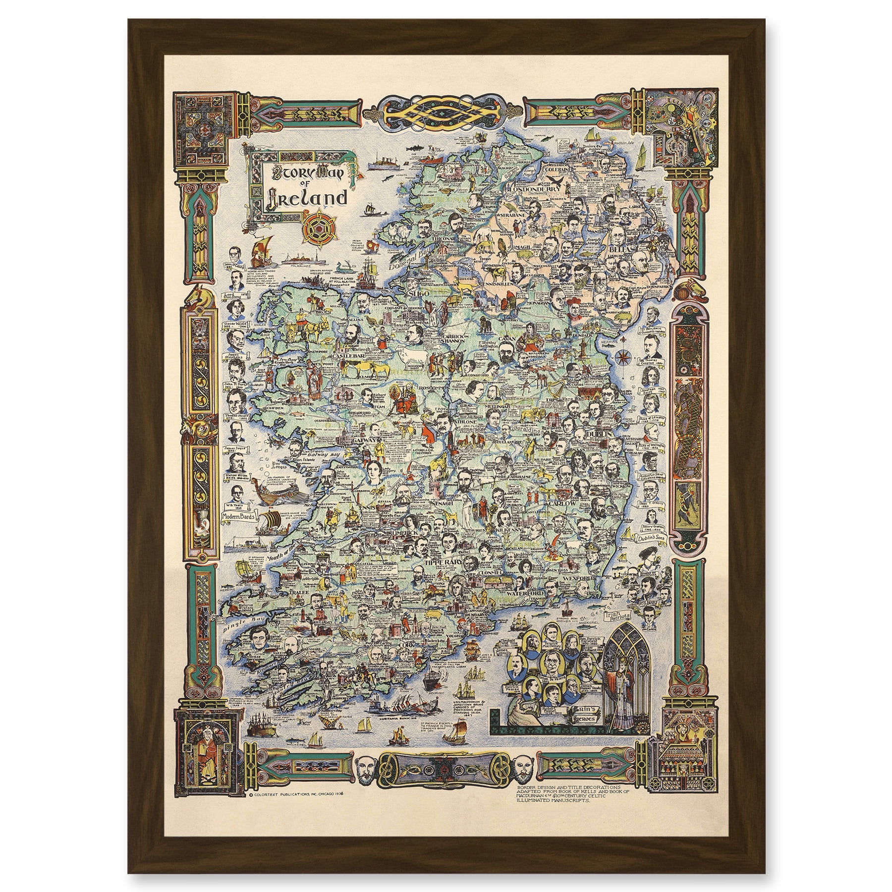 Story Map of Ireland Colortext 1936 Historic Pictorial Artwork Framed ...