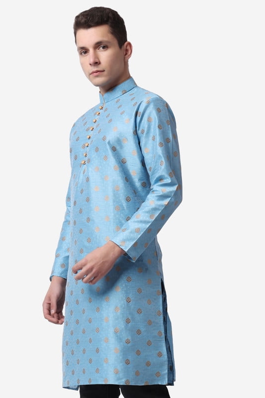 Royal Kurta Sky Blue Color Jacquard Silk Printed Long Kurta for Men ...