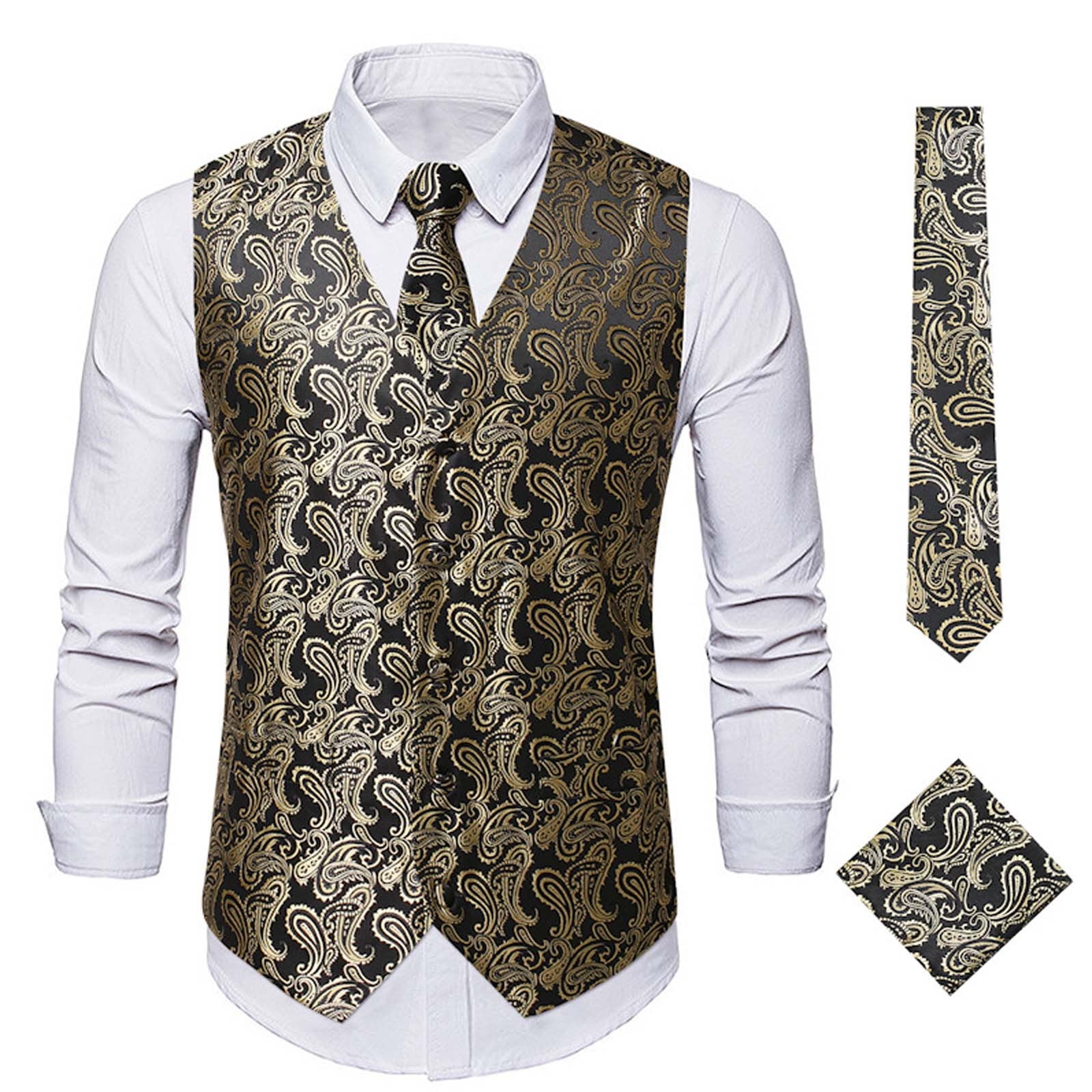 Mens Paisley V-neck Suit Vest Formal Jacquard Waistcoat Tie Set Floral ...