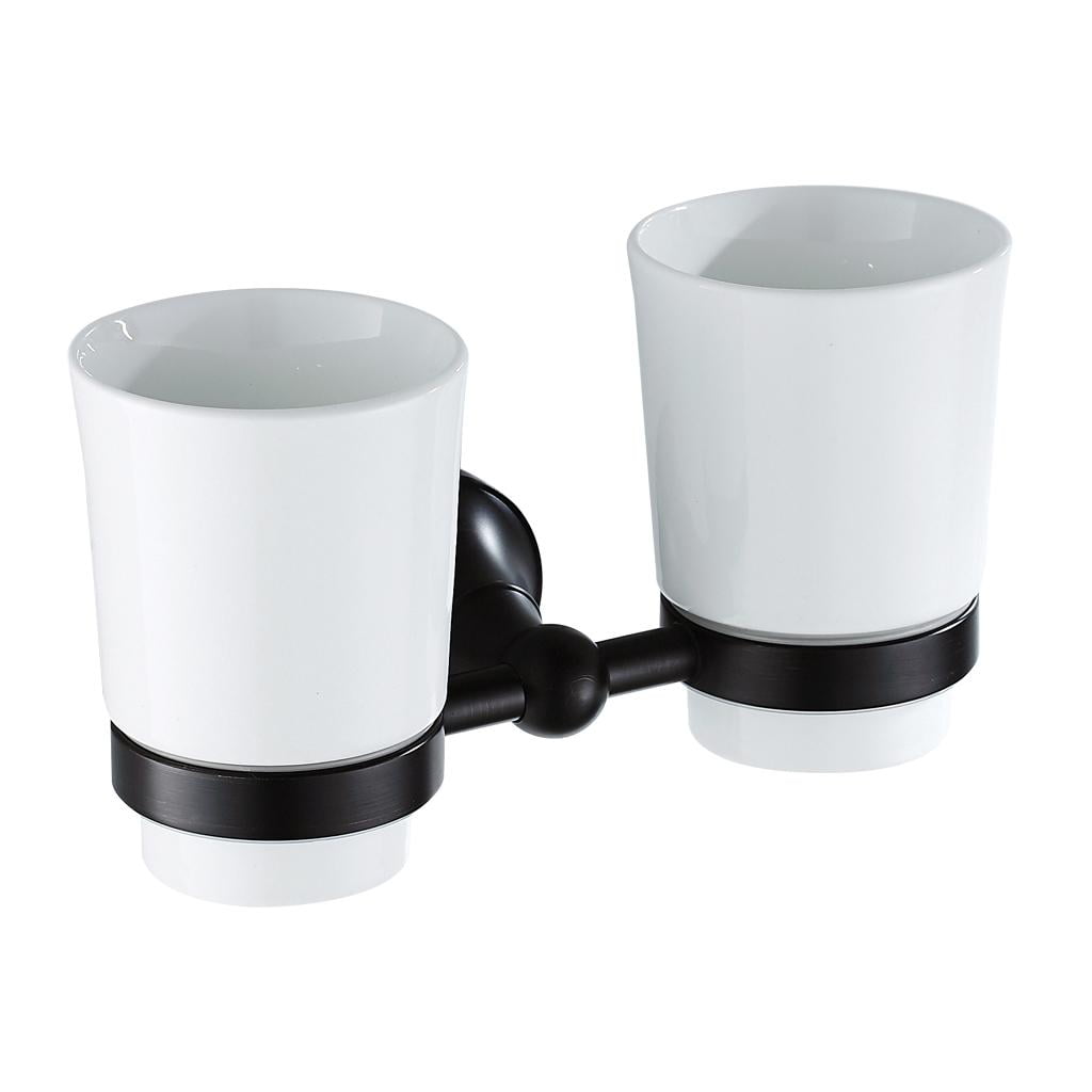 Bathroom Wall Mount Round Double Tumbler Cup Holder with Cups Set Black ...