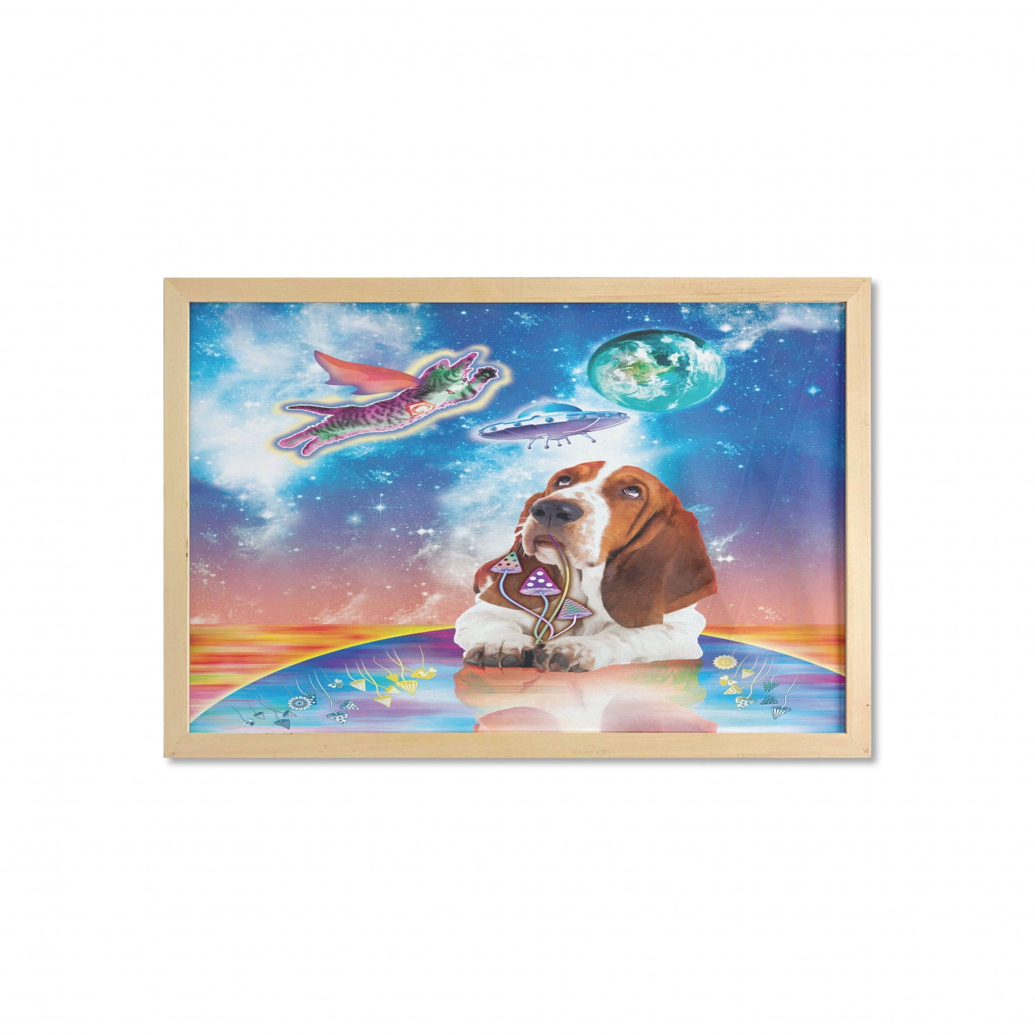 Space Cat Wall Art with Frame, Cosmic Animals Flying Kitten Dog Earth ...