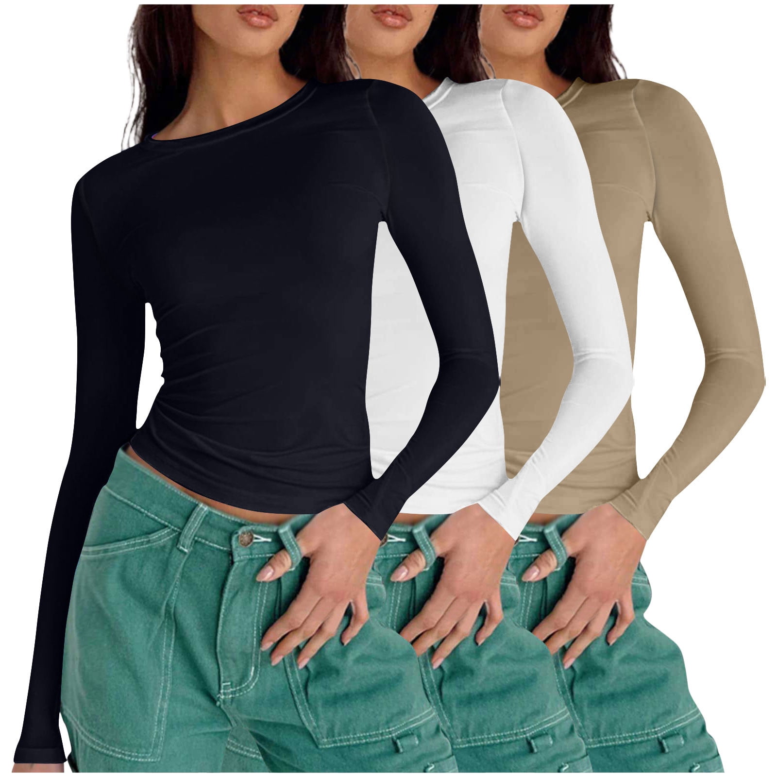 Click here for Aherbiu 3pc Women Long Sleeve Shirts Basic Slim Fi... prices