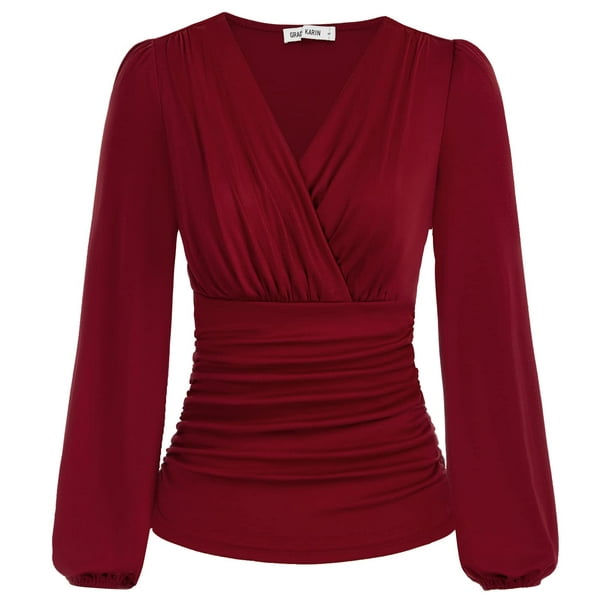 Blusa GRACE KARIN para mujer, fruncida, manga linterna, color rojo vino ...