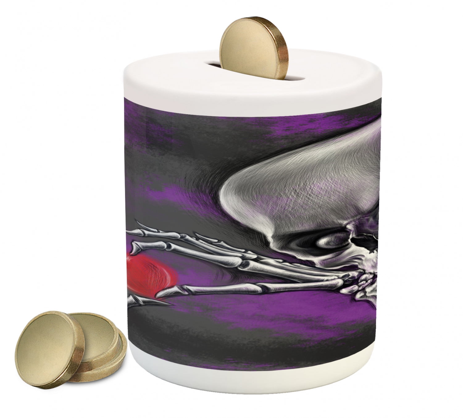 Skull Piggy Bank, Spooky Scary Skeleton Holds Eternal Love Sybol Heart ...