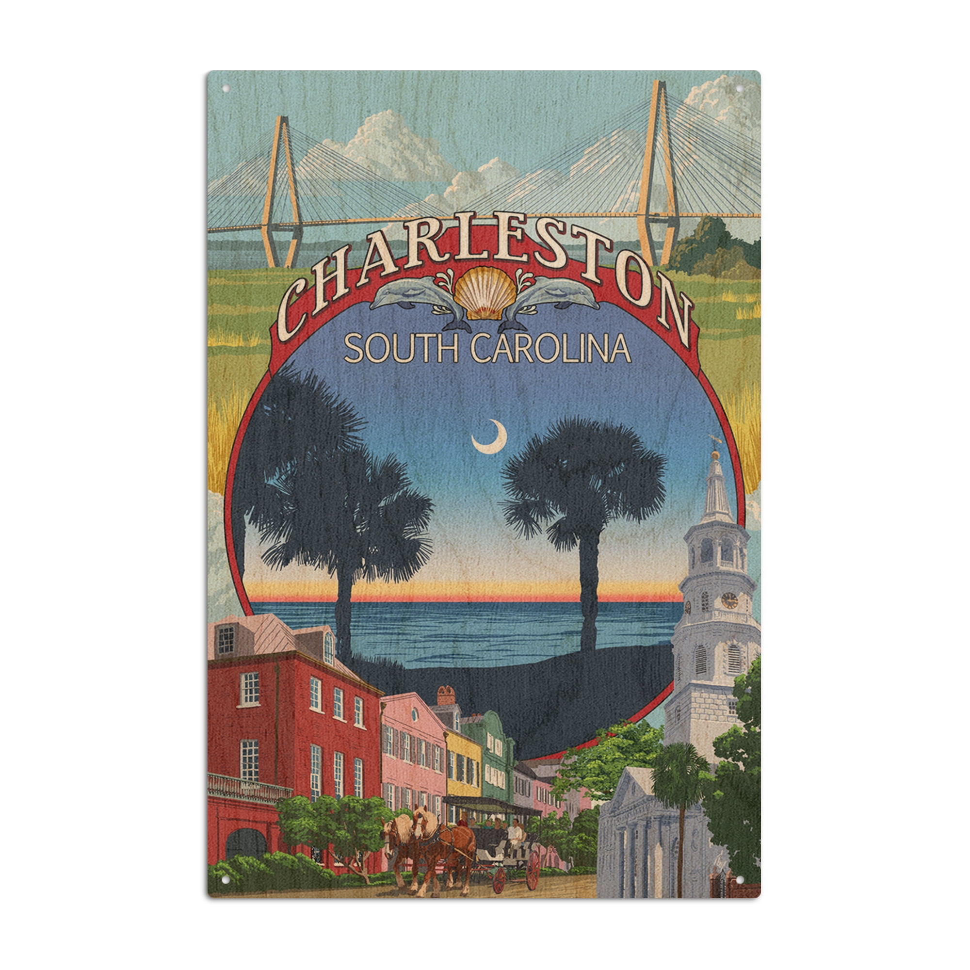 Charleston, South Carolina, Town Views Birch Wood Wall Sign (6x9 Rustic ...