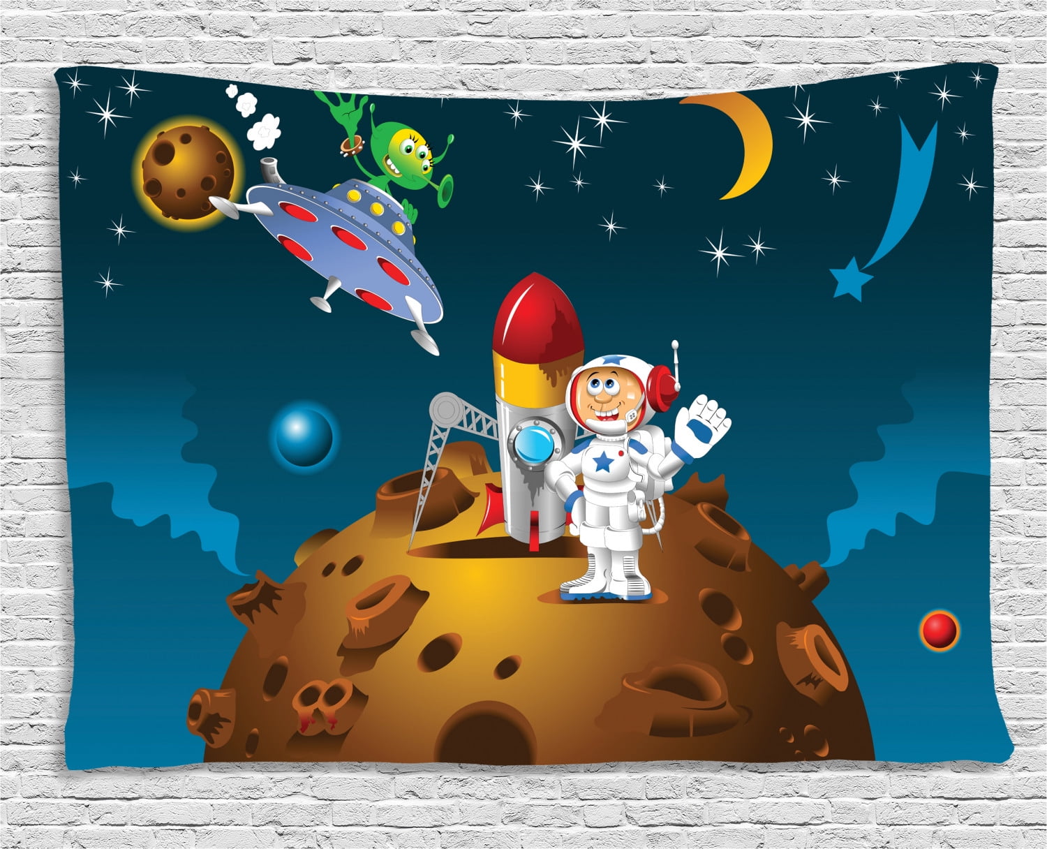 Cartoon Tapestry, Human and Alien Friendship Hanging on Pluto Stars ...