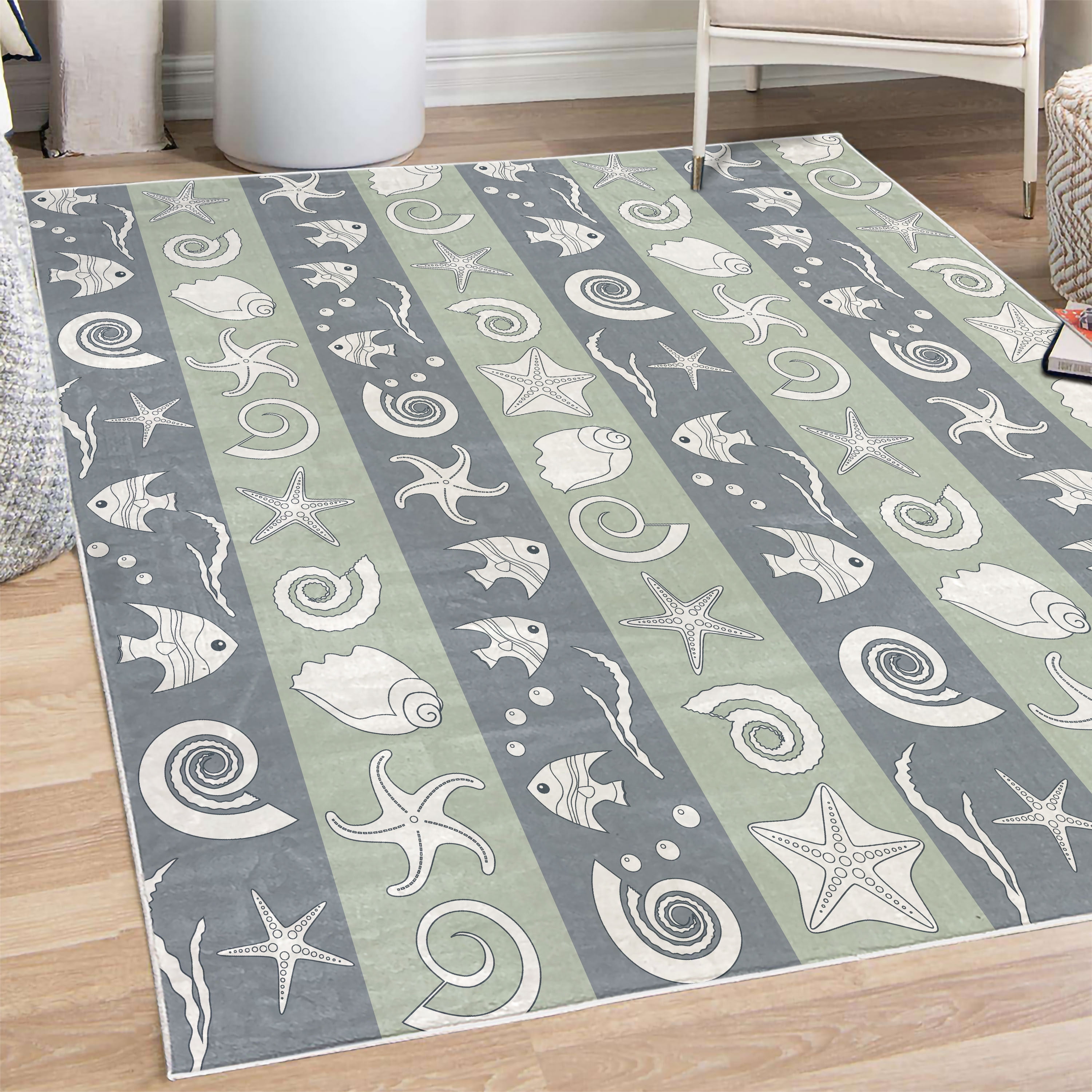 Nautical Decorative Rug, Marine Theme Sea Animals Fishes Shells on ...