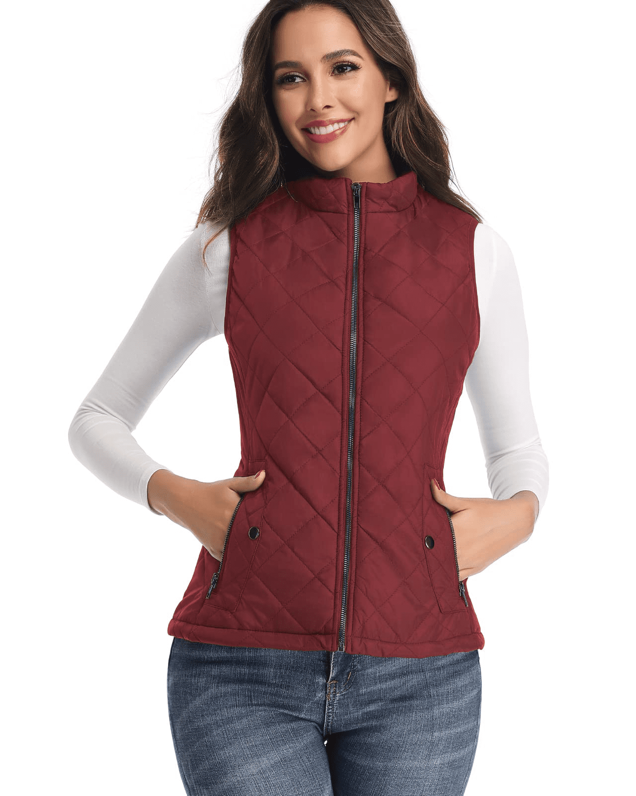Vest for Women-Stand Collar Lightweight Zip Quilted,Wine Red Women's ...