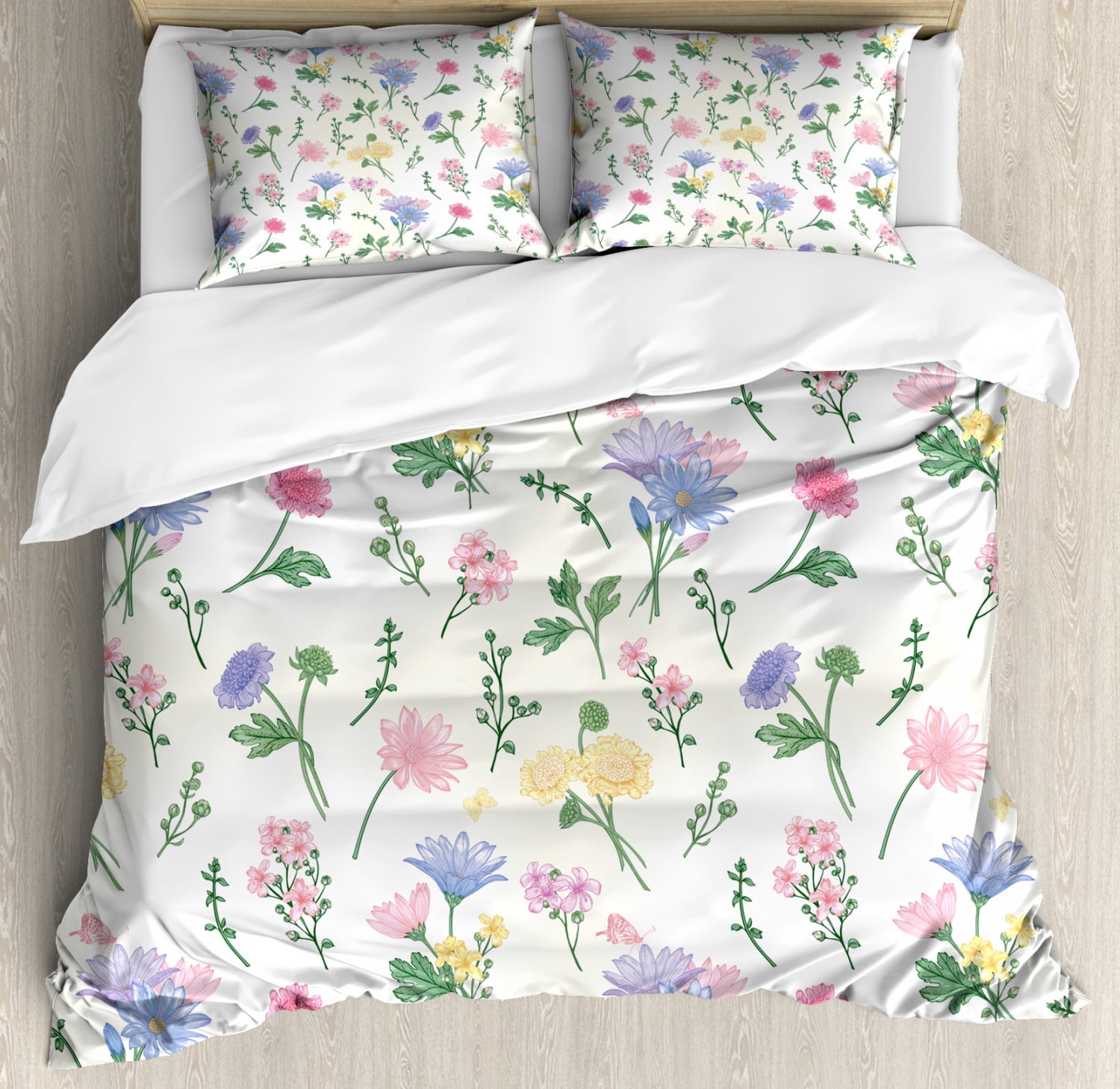 Aster Duvet Cover Set King Size, Botanical Herbs Blossoms Leaves Shabby ...
