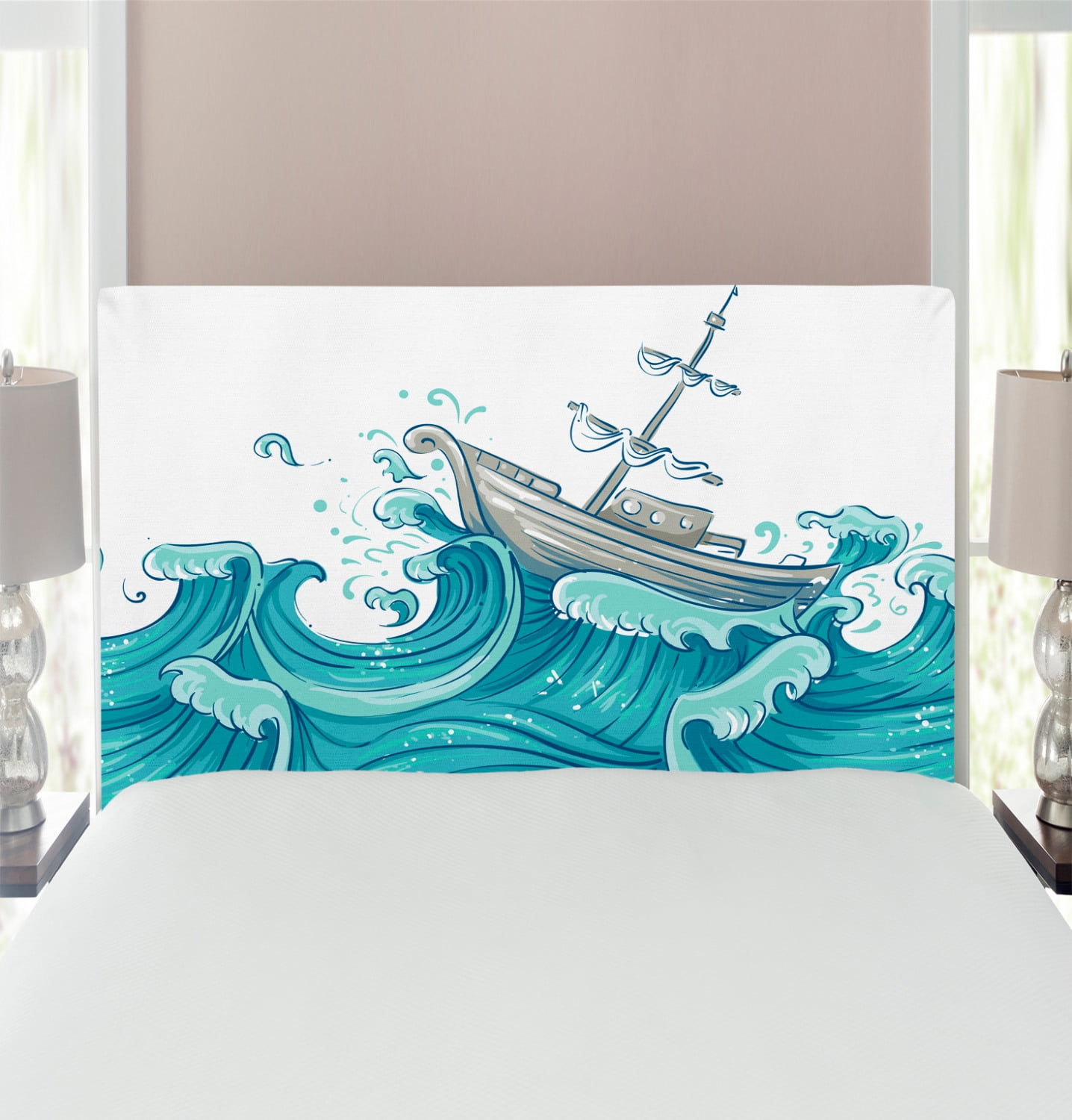 Nautical Headboard, Ship Being Tossed by Giant Ocean Waves Aquatic Old ...