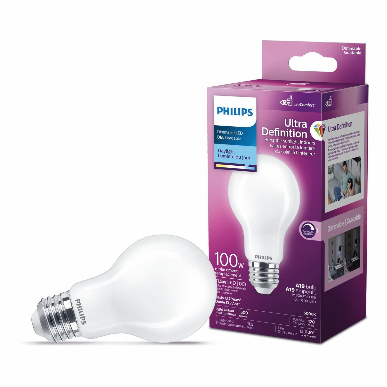 PHILIPS 13.5W 100W A19 Medium Base Ultra Definition Daylight Dimmable ...