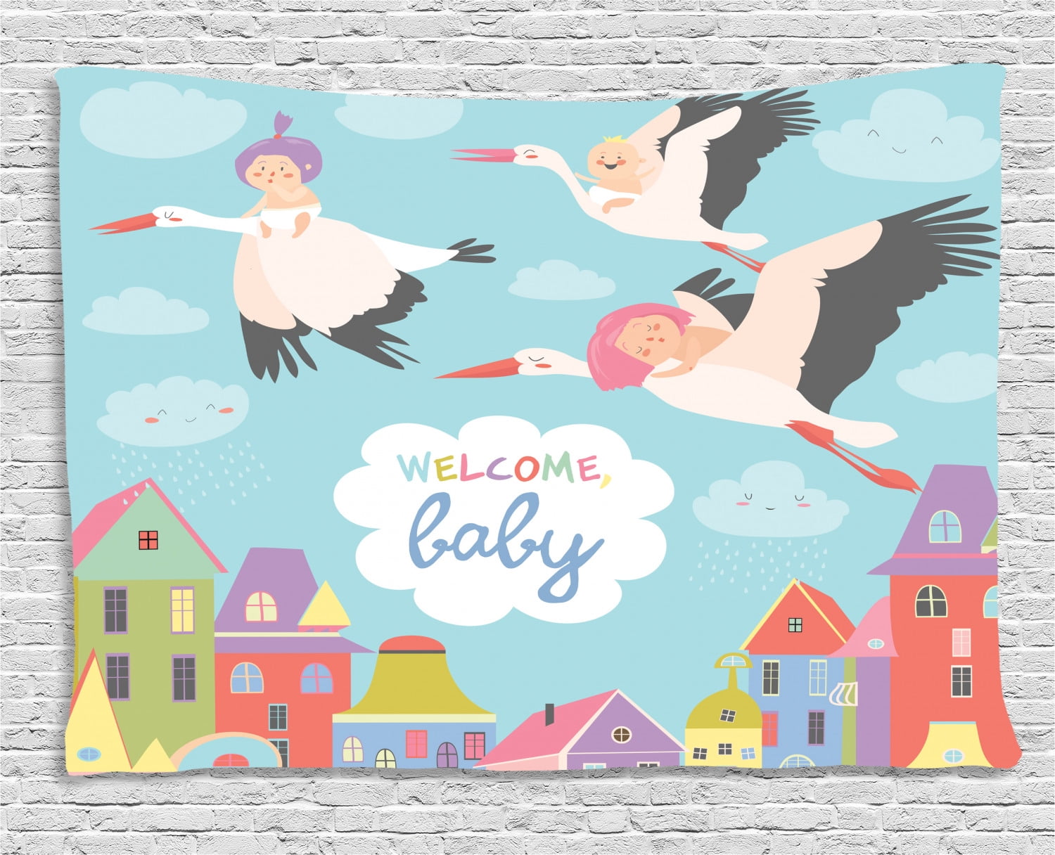 Baby Shower Tapestry, Storks Flying over Town Delivering Babies Cartoon ...