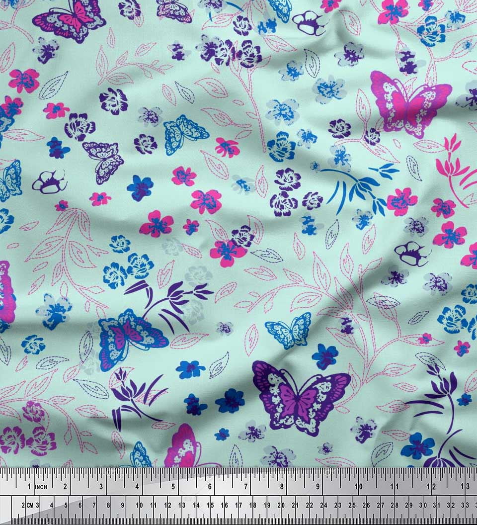 Soimoi Green Silk Fabric Leaves,Floral & Butterfly Print Fabric by the ...