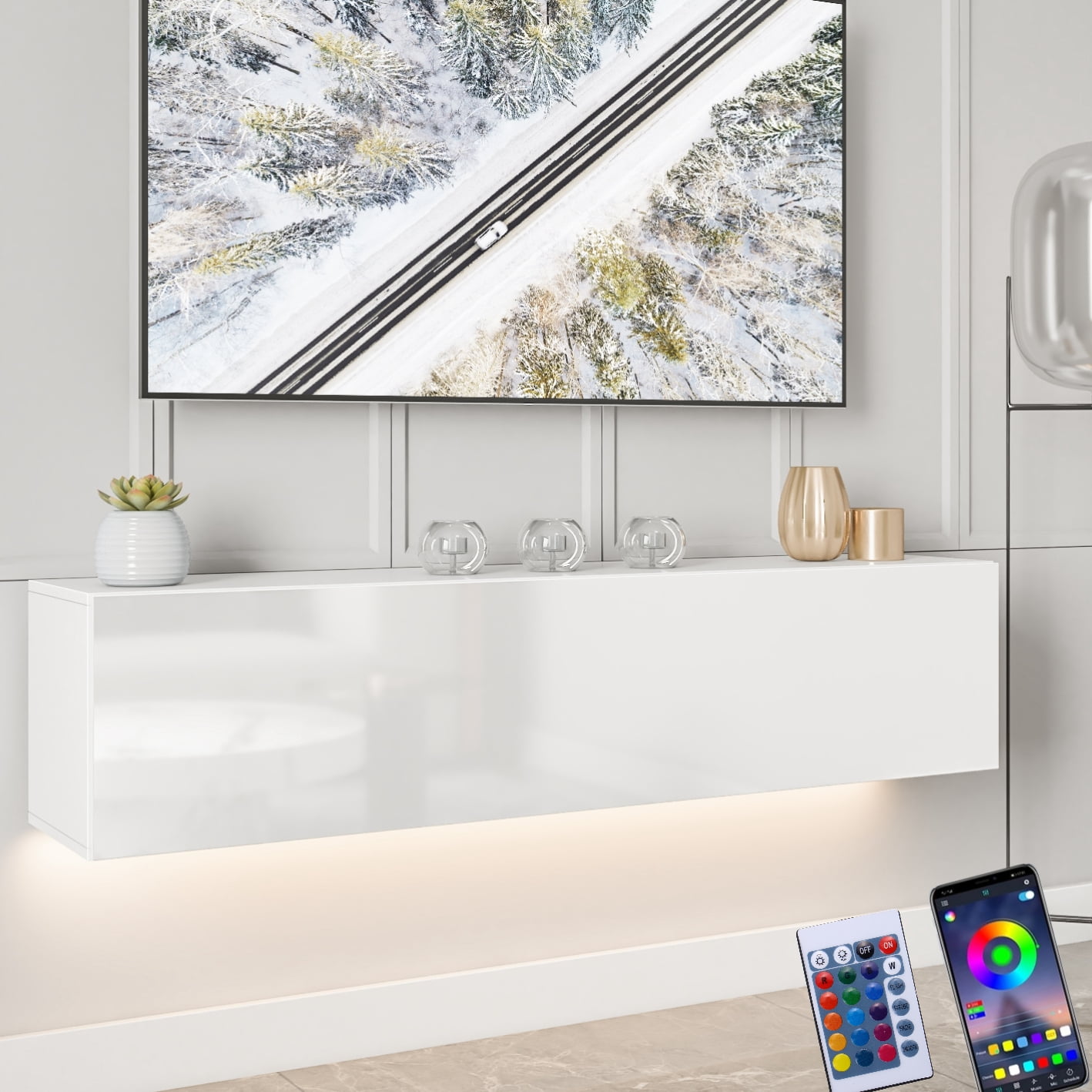 Hommpa Wall Mounted Floating TV Stand with LED Lights Modern ...