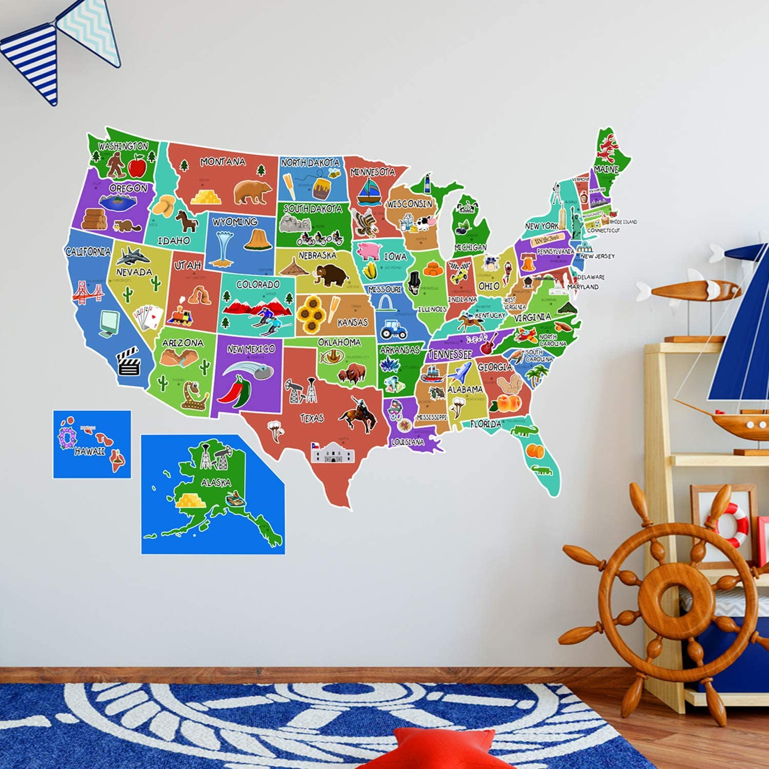 VWAQ US Map Wall Decal United States of America Sticker Peel and Stick ...