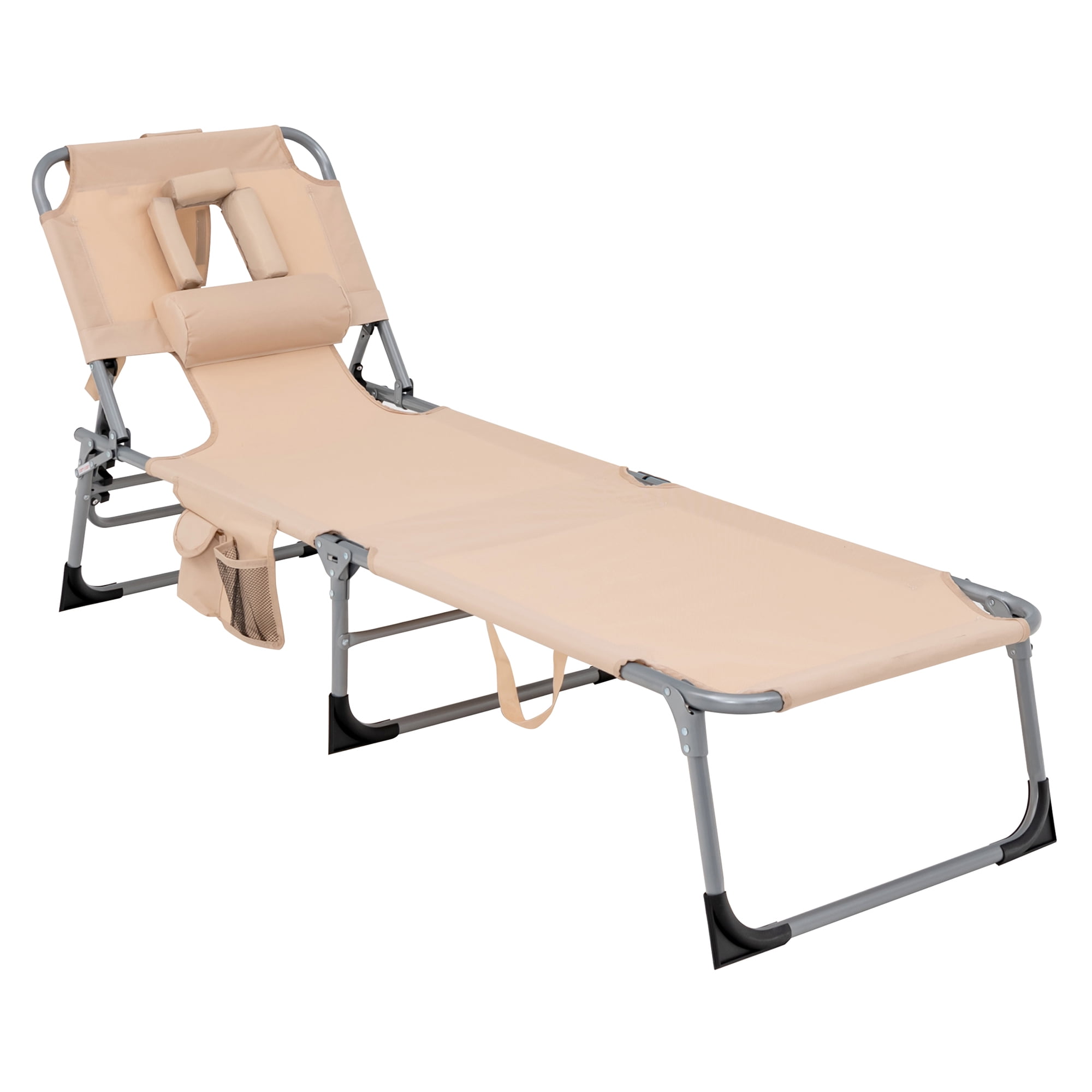 Gymax Portable Beach Chaise Lounge Chair Folding Reclining Chair W/ Facing Hole Beige