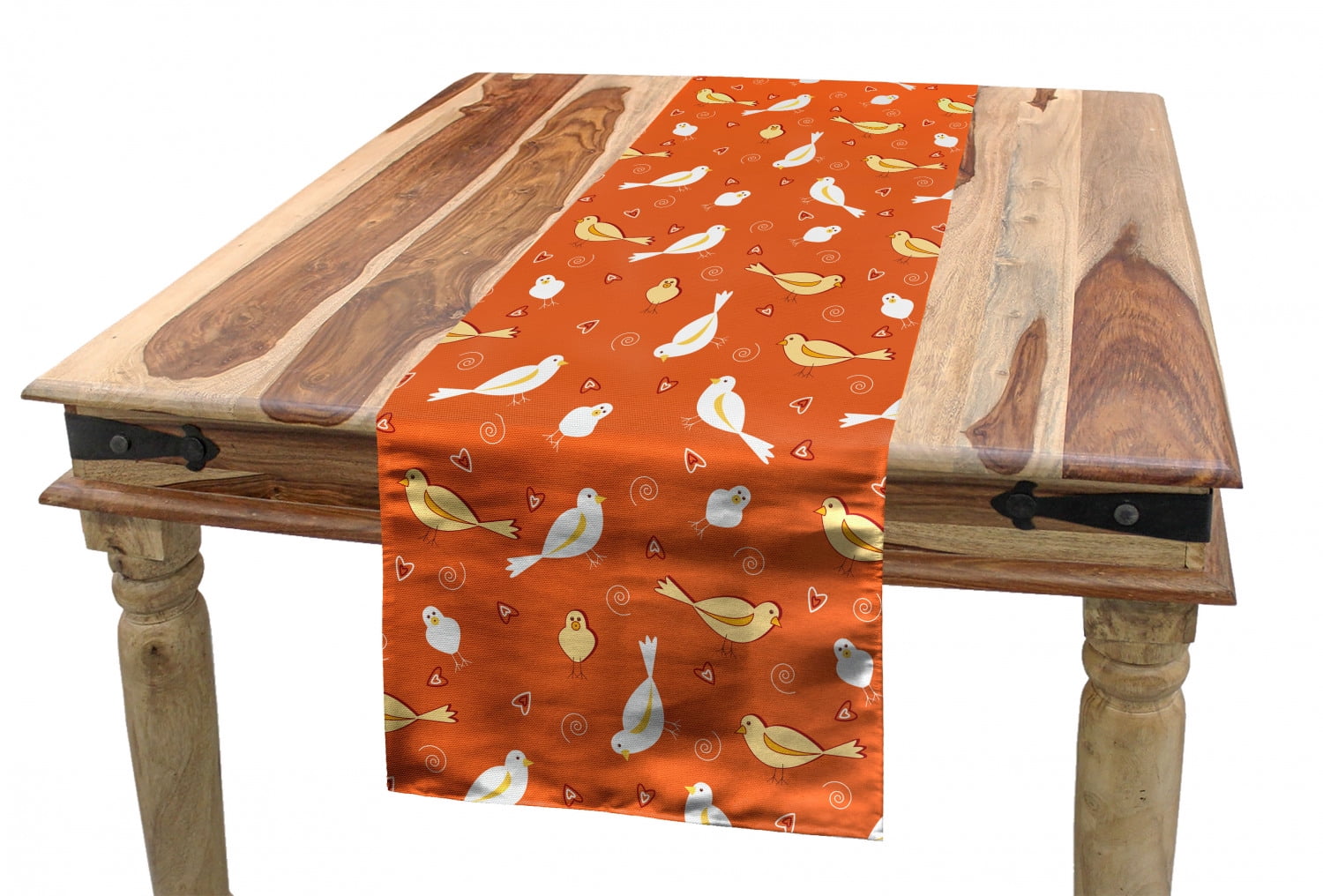 Orange Table Runner, Birds with Heart Shapes Swirling Patterns on Burnt ...