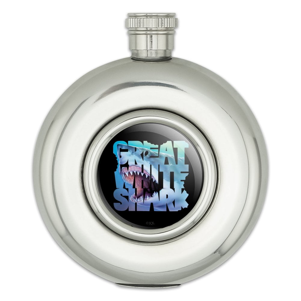 Great White Shark Bites Scuba Diving Round Stainless Steel 5oz Hip ...