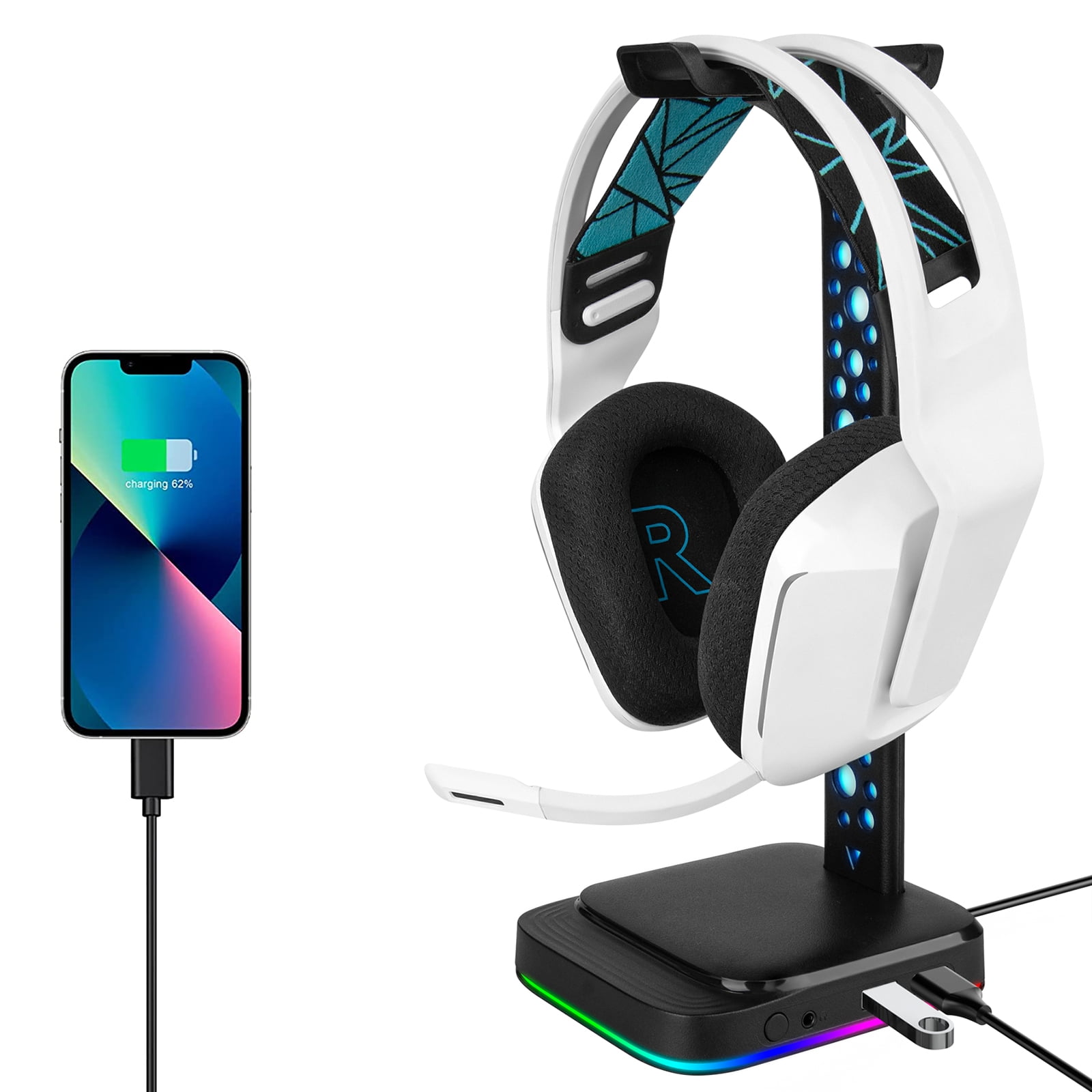 Geekria RGB Headphone Stand with 2 USB Charger Ports Gaming with Non ...
