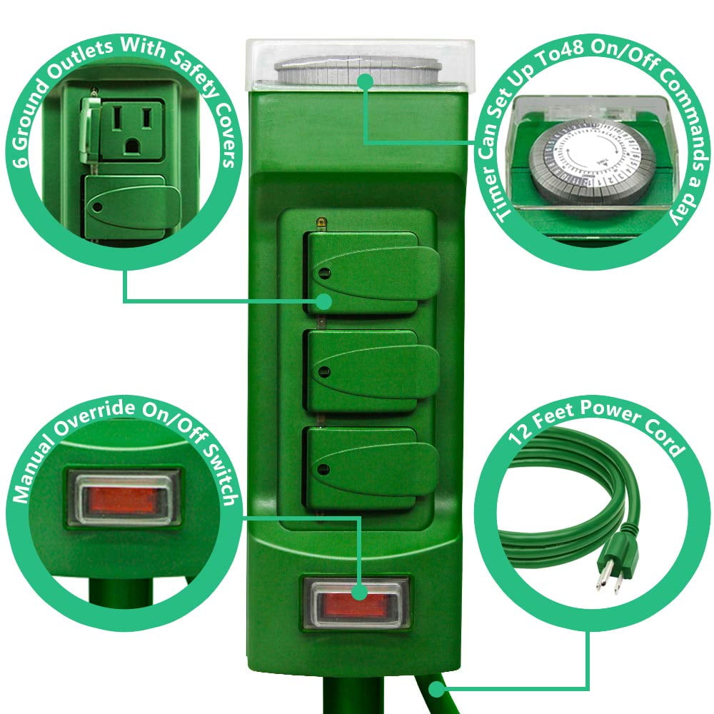 Buy ANKO Outdoor Power Stake Timer, 12 Feet 6 Outlet Weatherproof Power ...