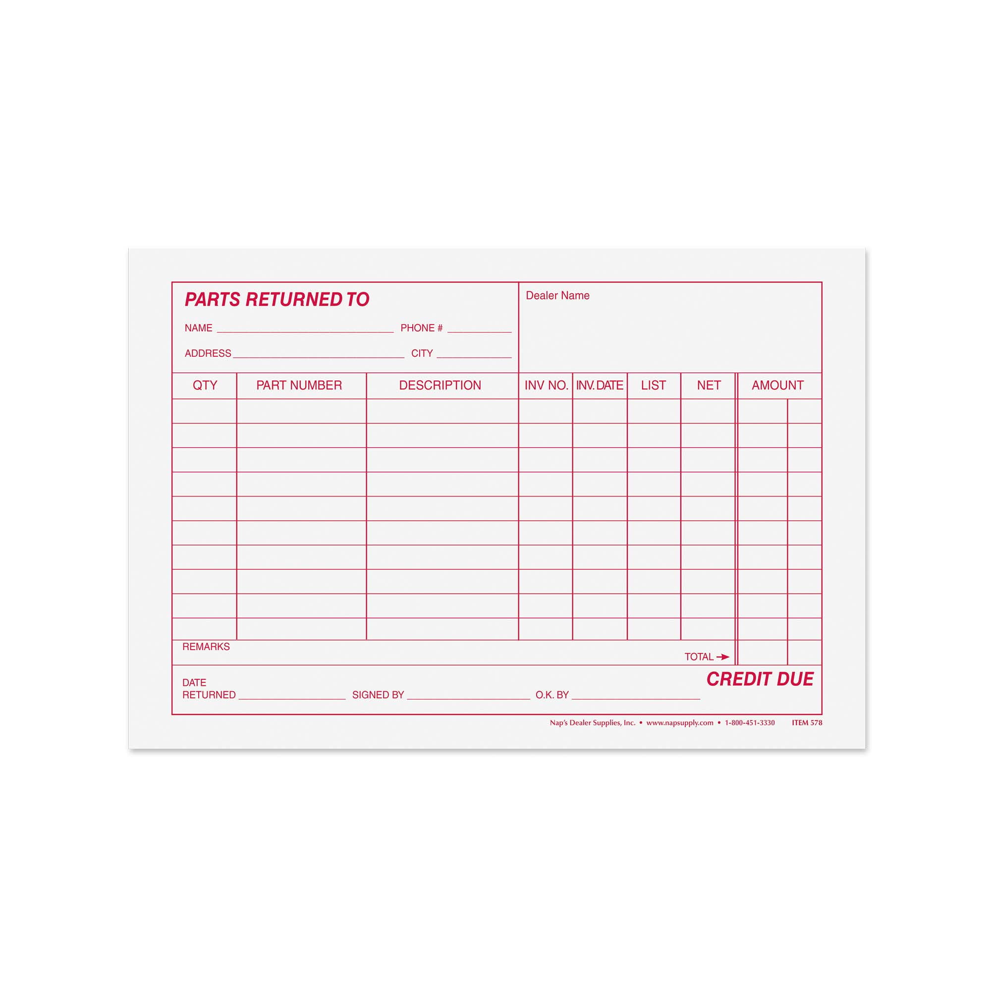 Auto Parts Return Form - Credit Due - Pack of 250 - Walmart.com