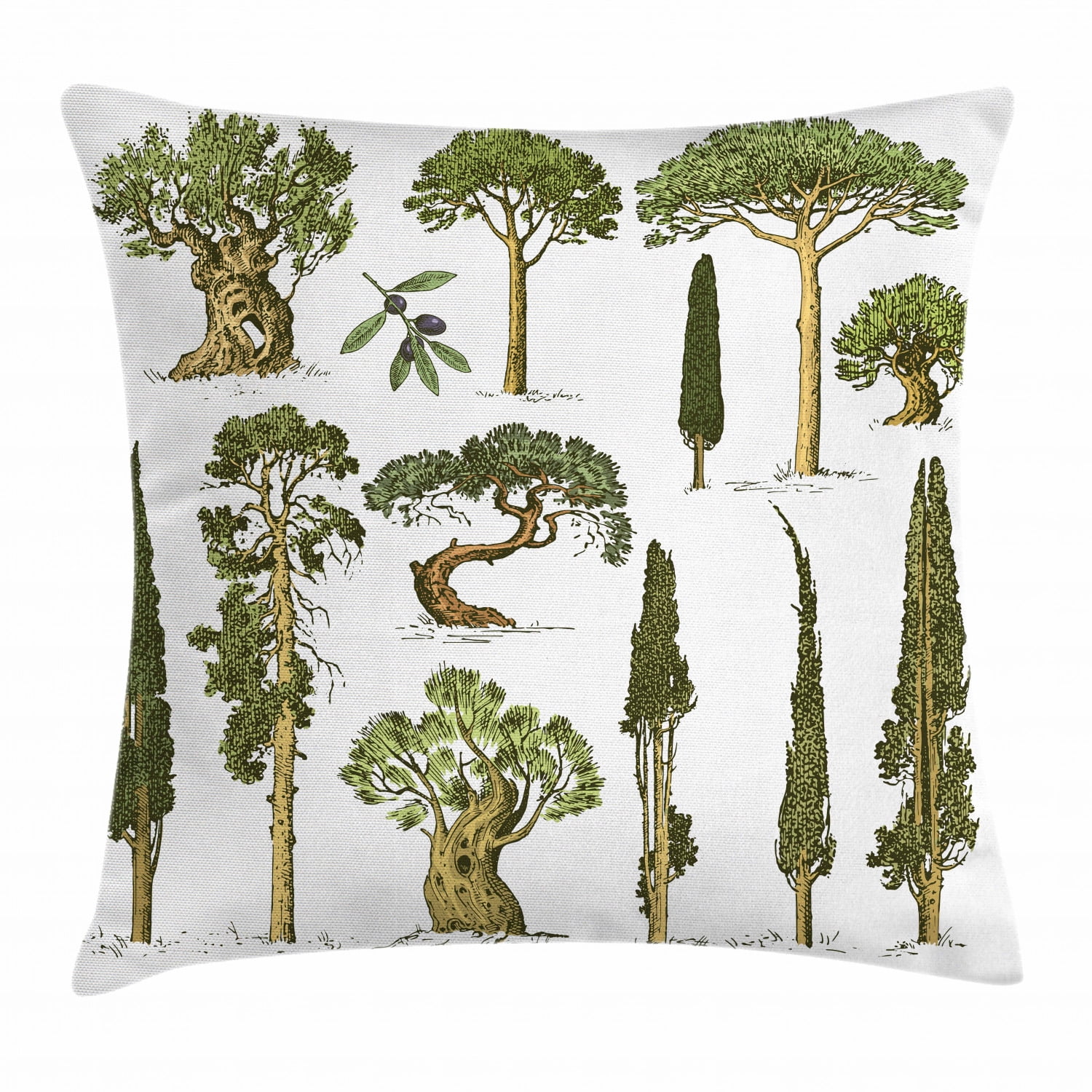 Tree Throw Pillow Cushion Cover, Hand Drawn Trees Pine Olive Cypress ...