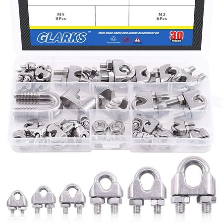 30Pcs M2 M3 M4 M6 M8 M10 Wire Rope Clamp Clips Assortment Set 304 ...