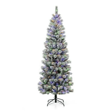 Glitzhome 7ft Deluxe Pre-Lit Flocked Pine Artificial Christmas Tree with 400 Warm White Lights ...