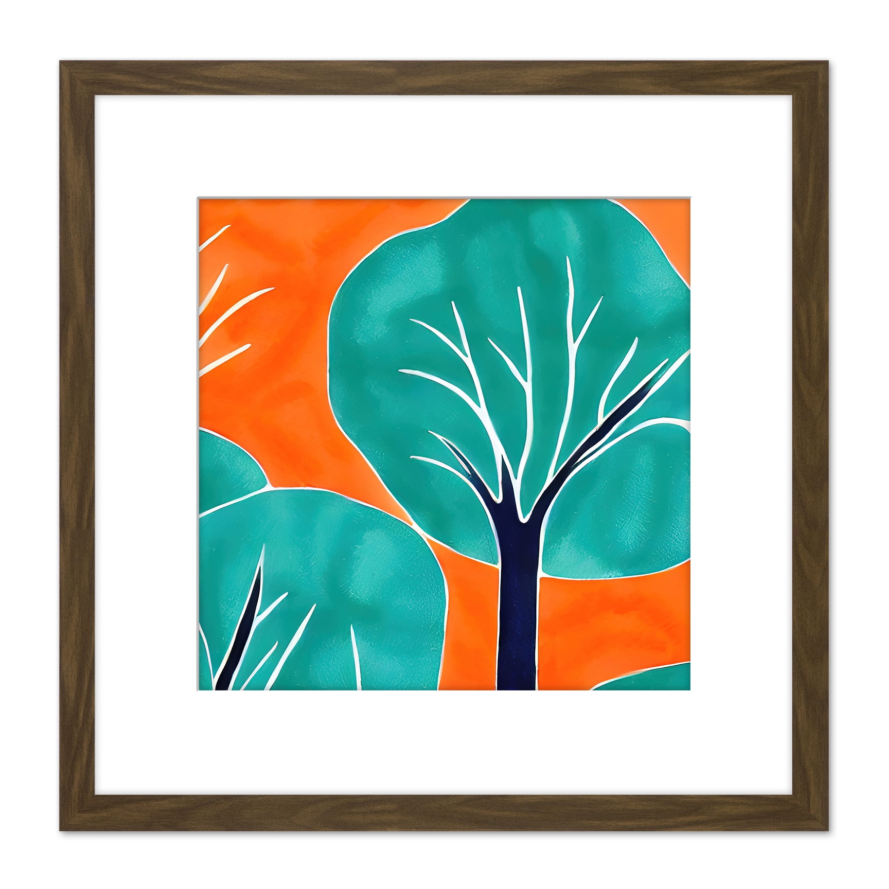 Striking Orange Teal Trees Abstract Landscape Watercolour Square Wooden ...